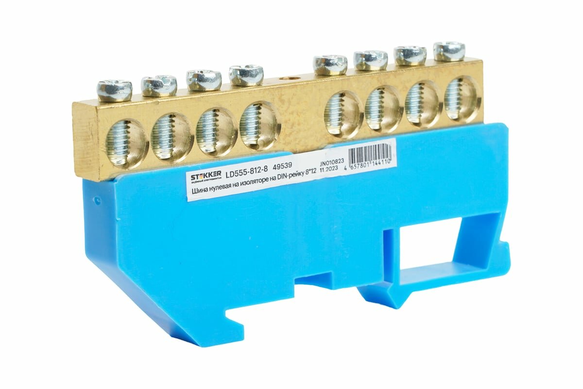 Шина нулевая STEKKER "n" на изоляторе 8x12 на din-рейку 8 выводов, синий, ld555-812-8, 49539