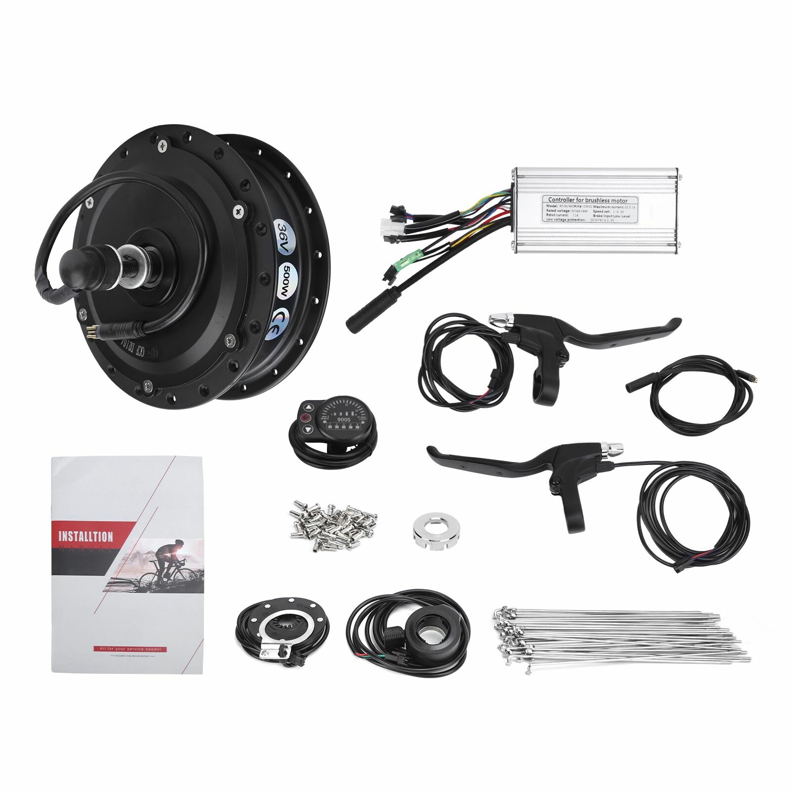 Комплект для переоборудования электрического велосипеда, 36 В, 500 Вт, мотор-ступица переднего колеса с дисплеем KT-900S для колес 12G, 26 дюймов, спицы 12G