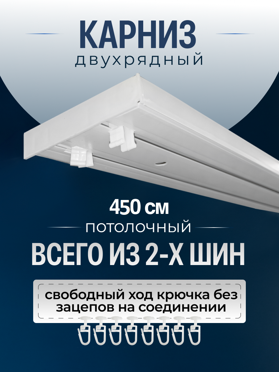 Карниз для штор потолочный двухрядный с пазом для бленды 450см.