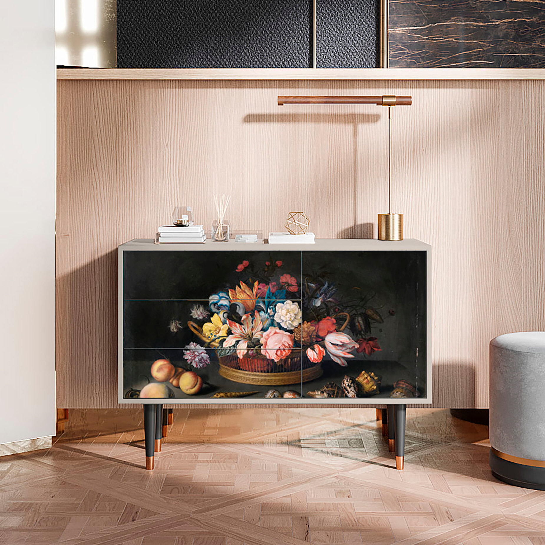 Комод - STORYZ - S3 Still Life with Flowers and Shells by Balthasar van der Ast , Размер - 115 x 84 x 41 см, Цвет корпуса - , Сатин