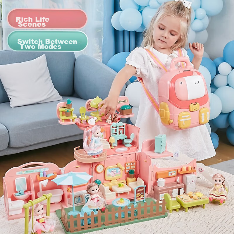 Yasini Doll Villa Princess House, Pretend Play Toy, Backpack with Sound And Light, Dress-Up Doll, Girls' DIY Christmas Gift