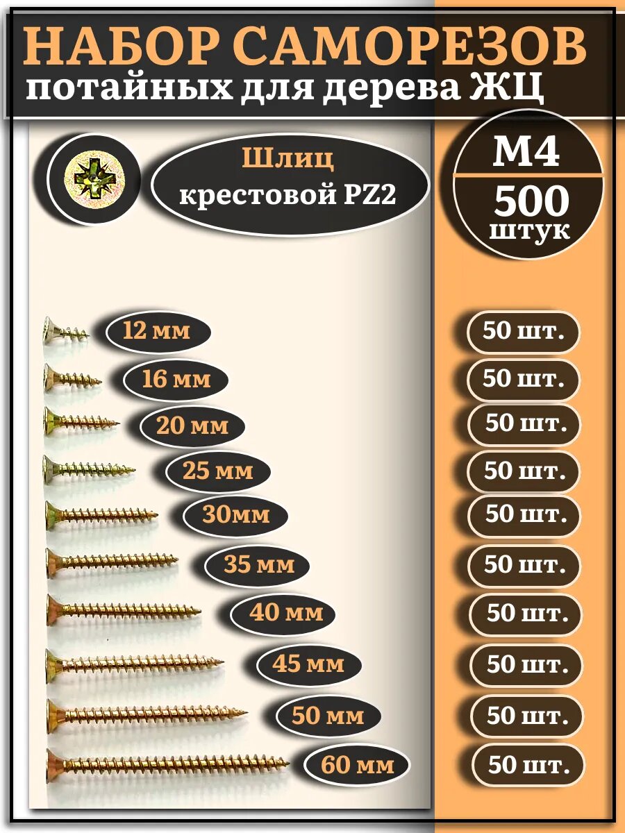 Саморезы по дереву М4 ЖЦ набор 2 ( 500 шт)