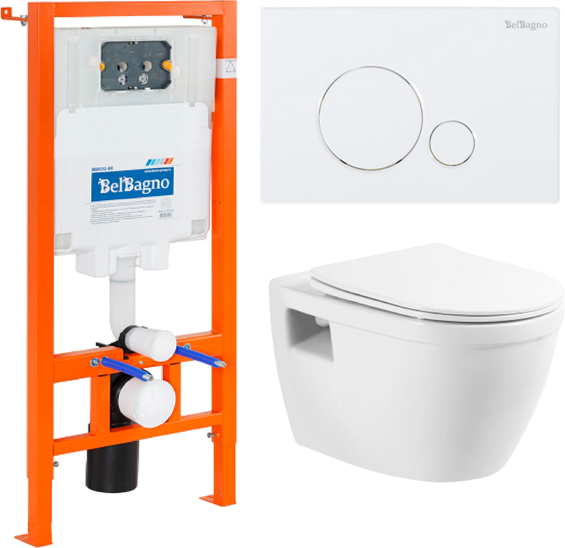 Комплект Унитаз подвесной BelBagno Loto BB070CHR/SC безободковый, с микролифтом, инсталляция BB002-80 с кнопкой BB014-SR-BIANCO