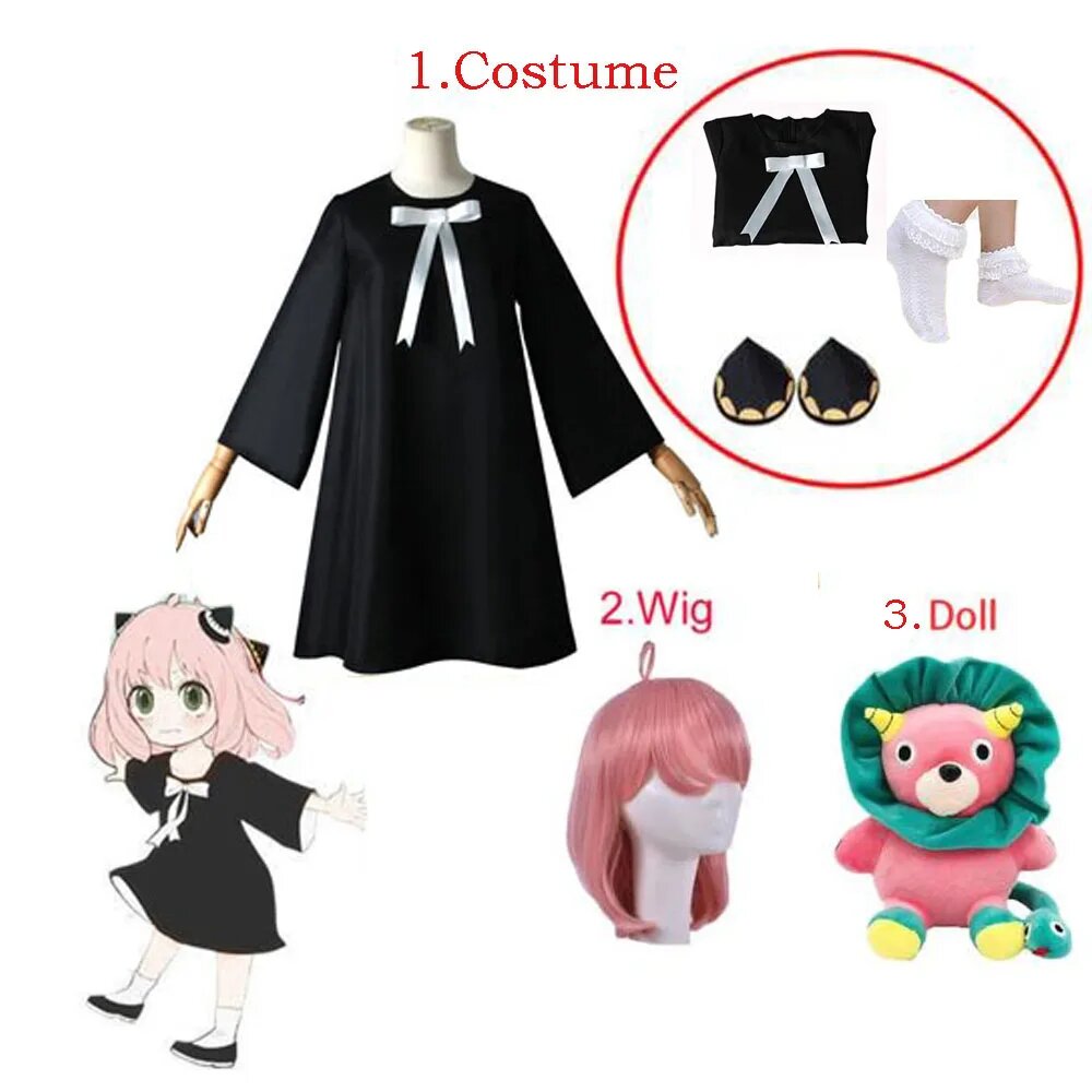 Косплей костюм Аня Форгер из аниме «Шпионская семья» Черный, М, Costume1 Wig1 Doll1