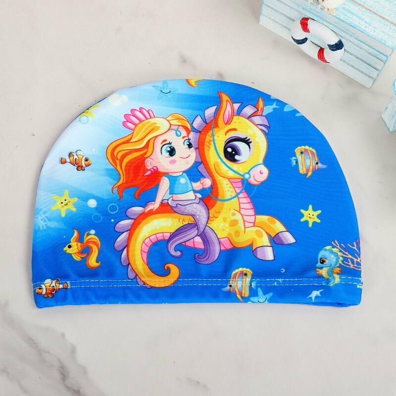 Шапочка для плавания Happy Kid русалка и морской конек детская тканевая маленькая для бассейна текстильная для девочки