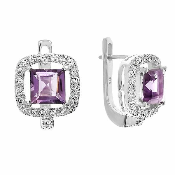 Серьги, серебро, 925 проба, родирование, фианит, аметист