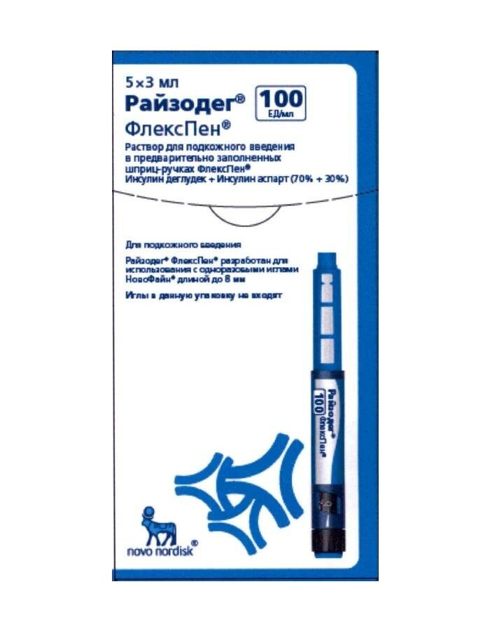 Райзодег ФлексПен, раствор для подкожного введения 100 ед/мл, картриджи в шприц-ручке ФлексПен 3 мл, 5 шт.