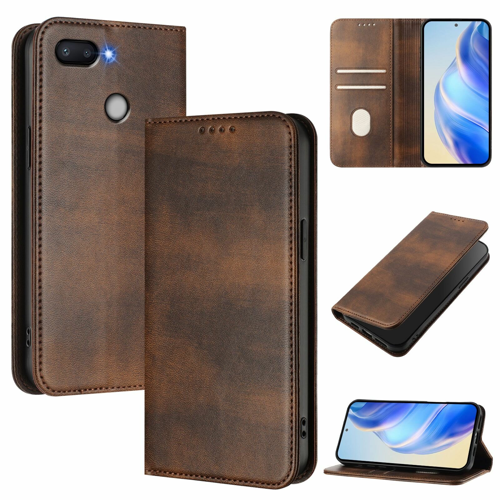 Кожаный чехол-книжка для Xiaomi Redmi 6/Redmi 6A( Редми 6, Редми 6A)с отделениями для карт и кошельком, Функция блокировки RFID