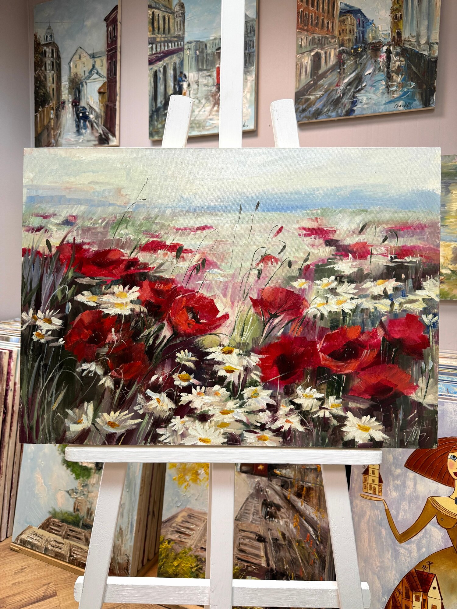 Картина маслом нежная Поле с ромашками и маками 50х70 см. Художественная мастерская Грёзы.