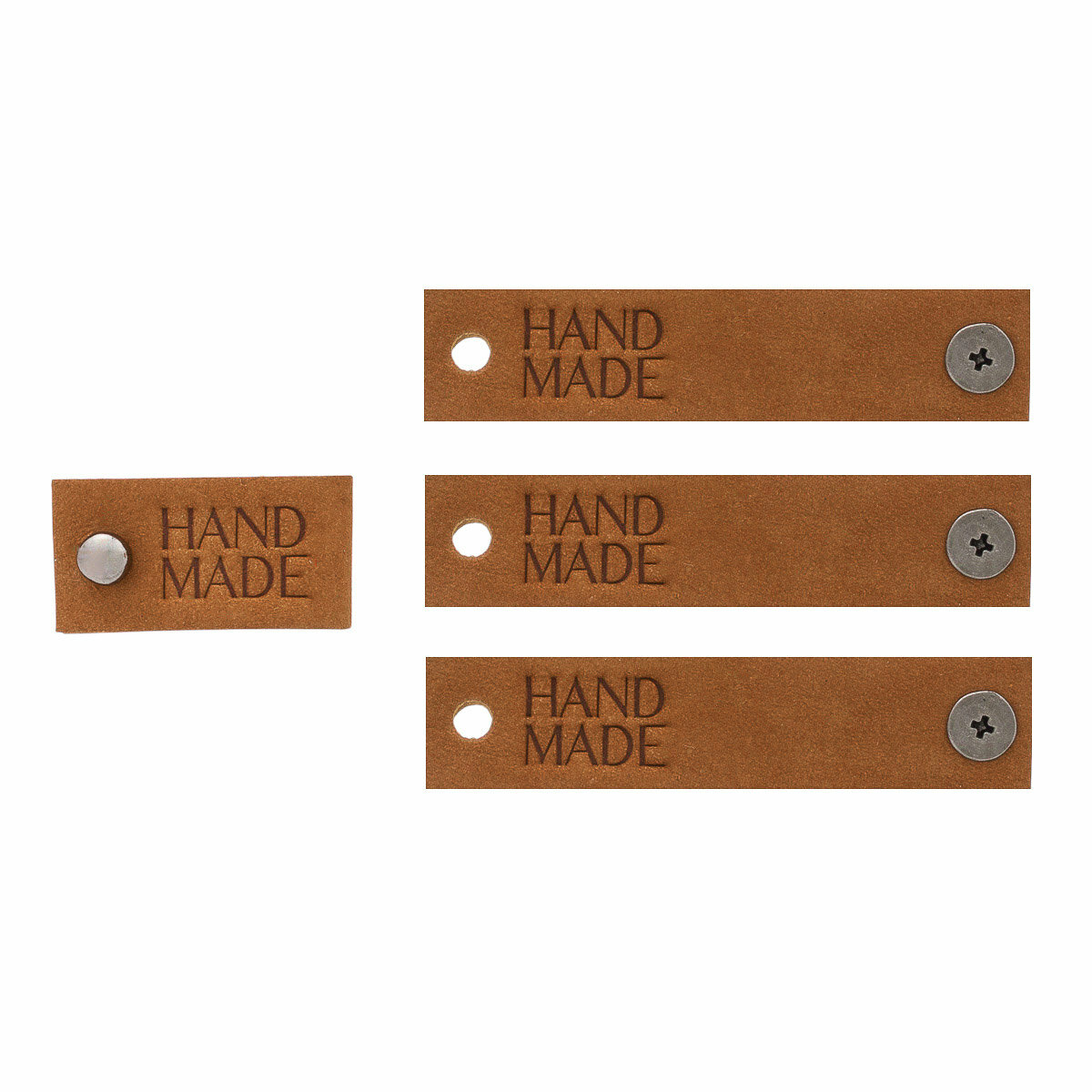Кожаные бирки с тиснением на кнопке Hand Made 1,7*7 уп. 4шт (коричневый), 4 шт