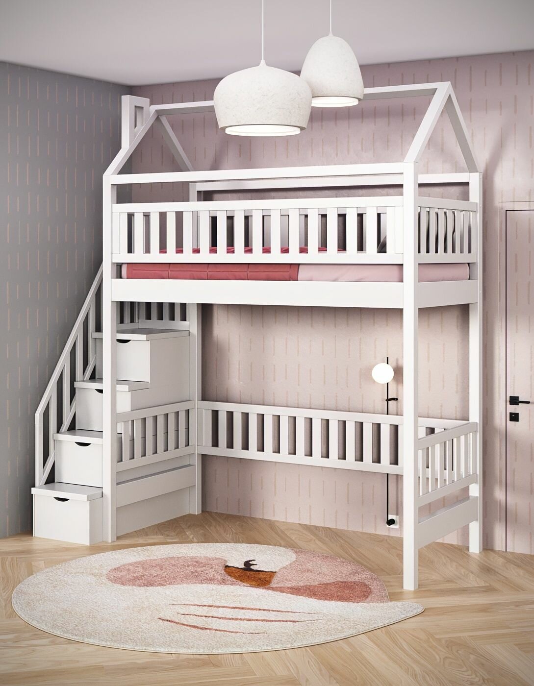 Кровать-чердак Лейла Домик №2, спальное место 90х200 см, с лестницей-комодом, цвет: Белая эмаль.