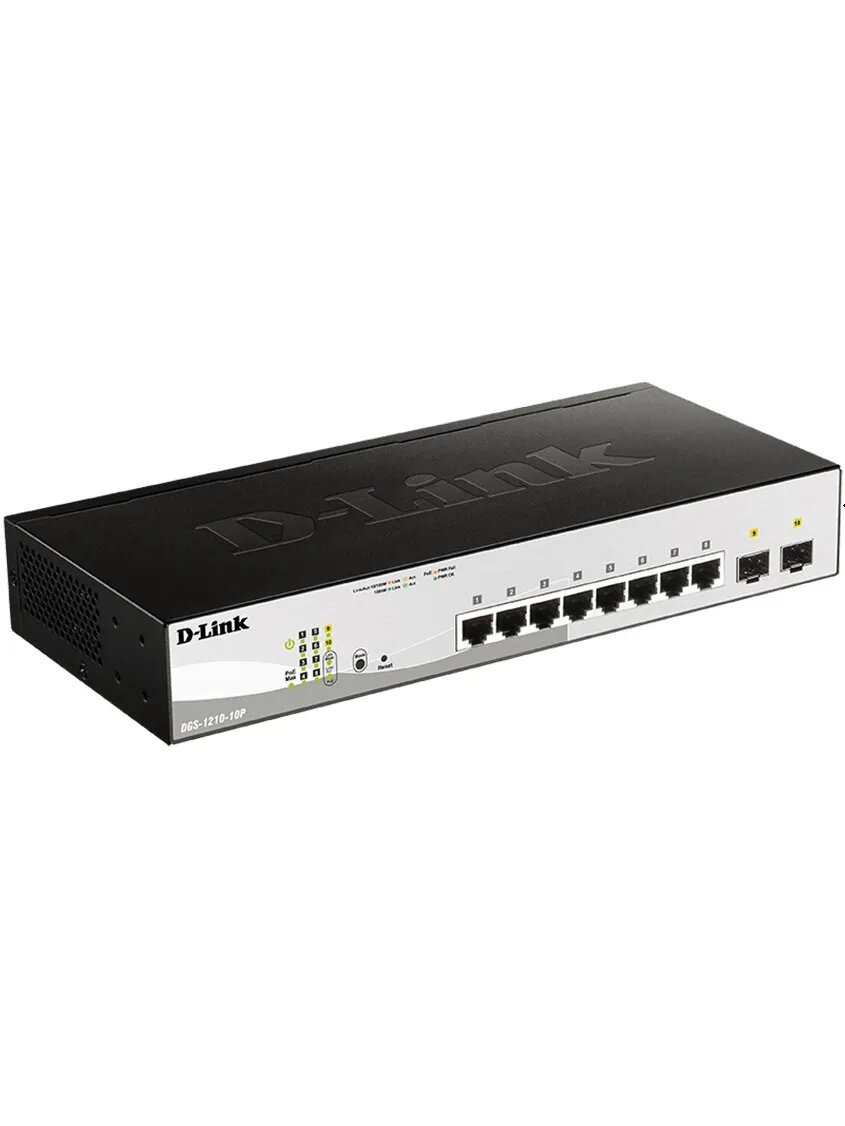 Коммутатор PoE D-link DGS-1210-10P 8x10/100/1000Base-T PoE (PoE-бюджет 65Вт), 2x1000Base-X SFP, L2