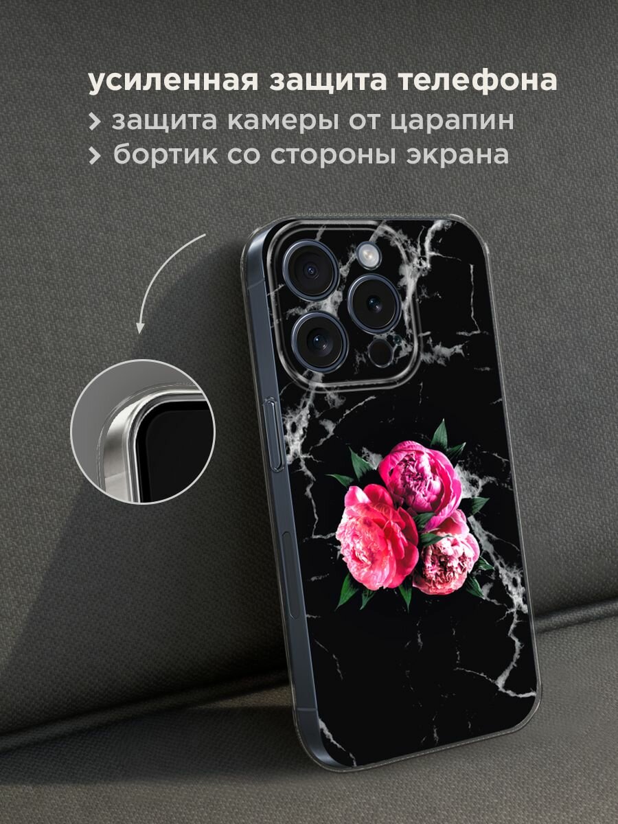 Чехол на Apple iPhone 15 Pro / Айфон 15 Про с принтом "Букет на черном мраморе" — фото 1