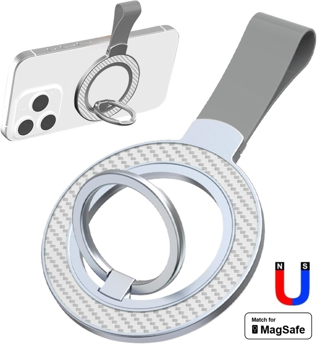 Магнитное кольцо держатель Магсейф c петлей для iPhone Air, 12-17 серий серебристый карбон