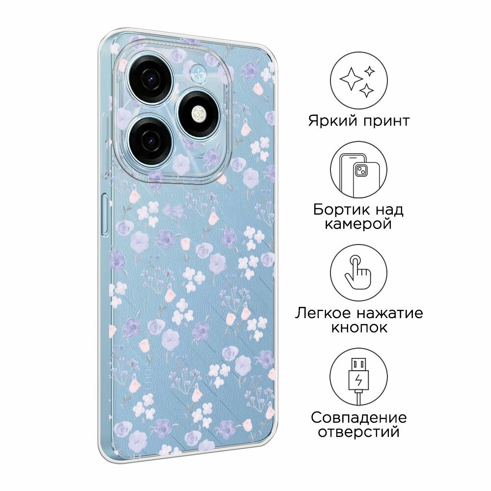 Чехол на Tecno Spark 20 / Текно Спарк 20 с принтом "Сиреневые розы паттерн", прозрачный — фото 1