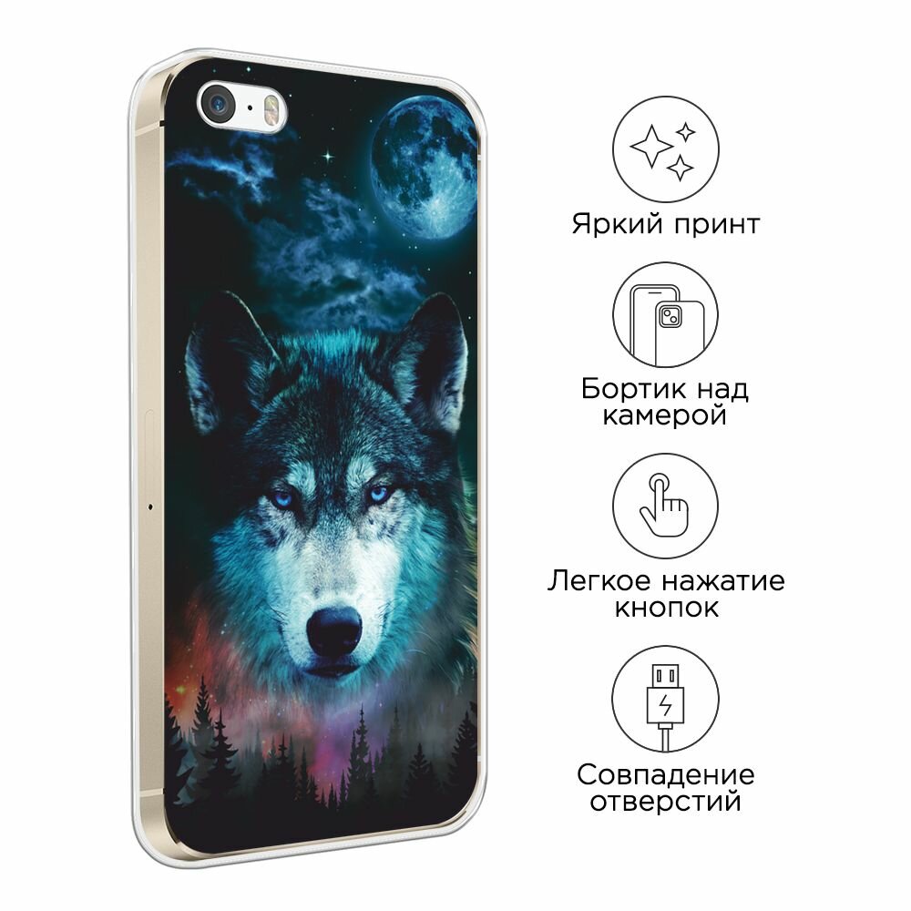 Чехол на Apple iPhone 5/5S/SE / Айфон 5/5S/SE с принтом "Лунный волк" — фото 1