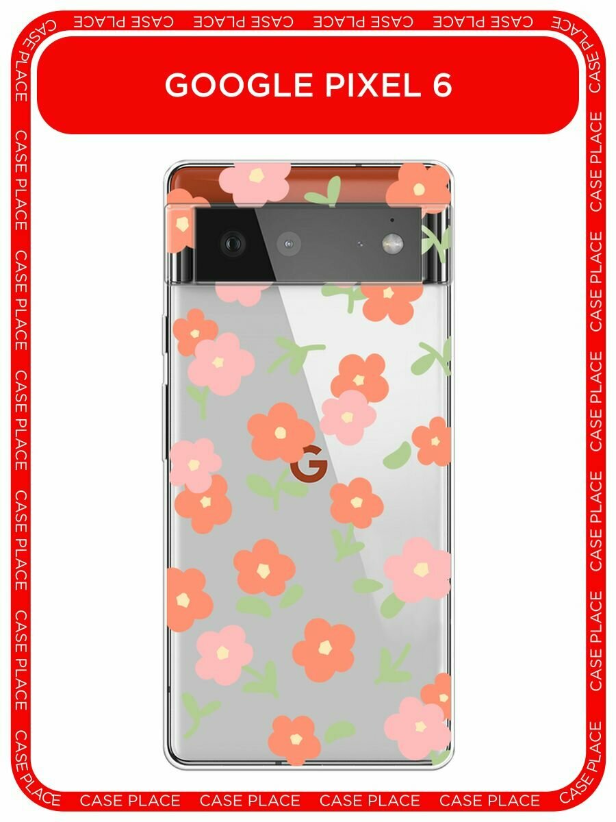 Чехол на Google Pixel 6 / Гугл Пиксель 6 с принтом "Красные цветочки рисунок", прозрачный
