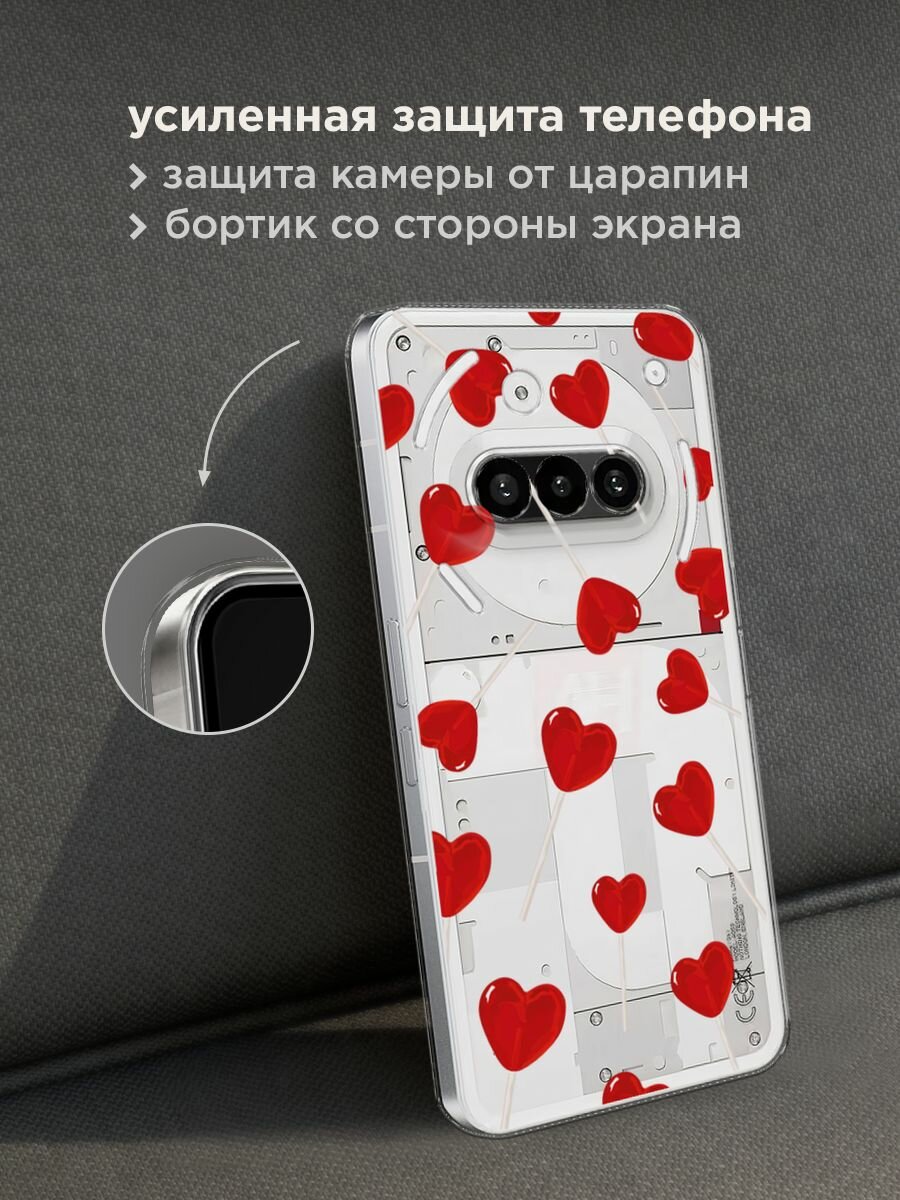 Чехол на Nothing Phone 3a / Нотинг Фон 3а с принтом "Сердечки-леденцы 2 - 14 февраля", прозрачный — фото 1