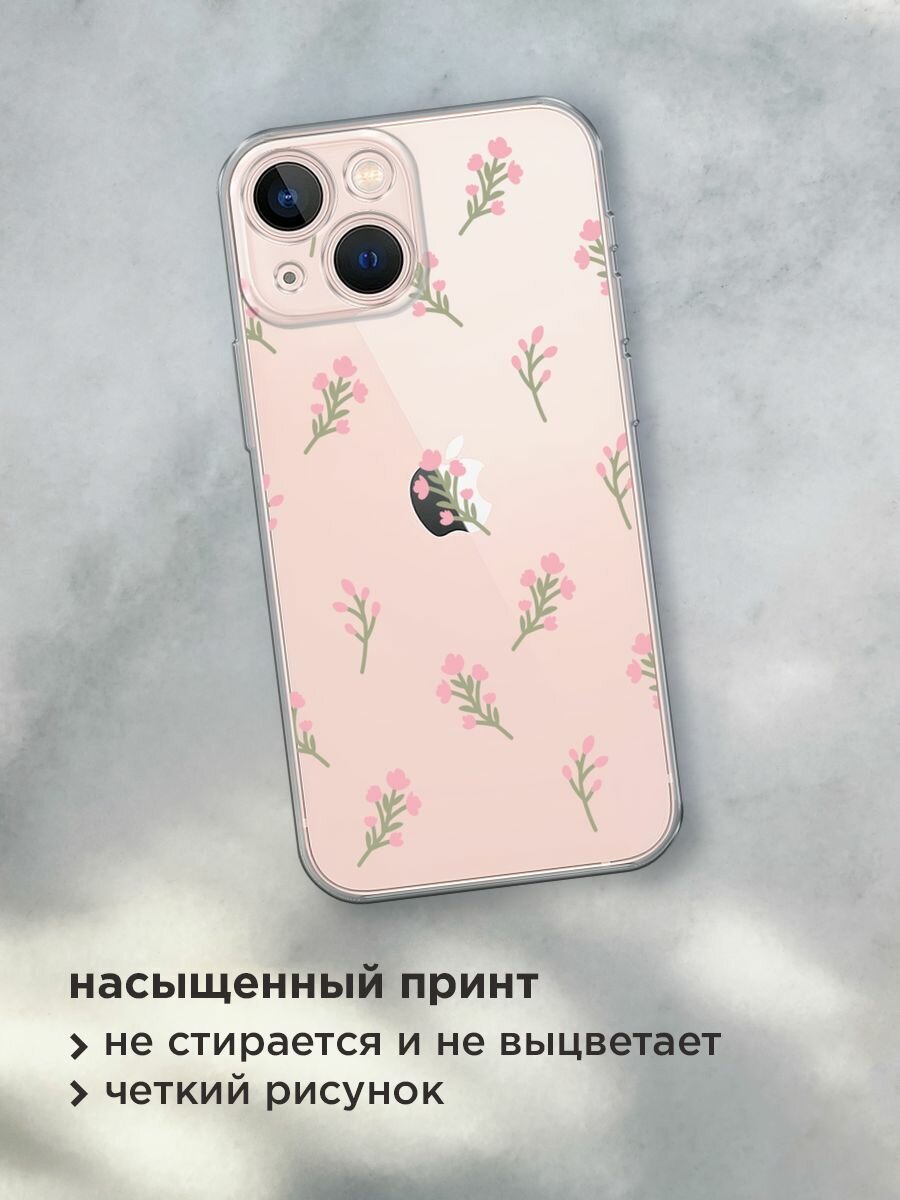 Чехол на Apple iPhone 13 mini / Айфон 13 мини с принтом "Цветущие веточки", прозрачный — фото 1