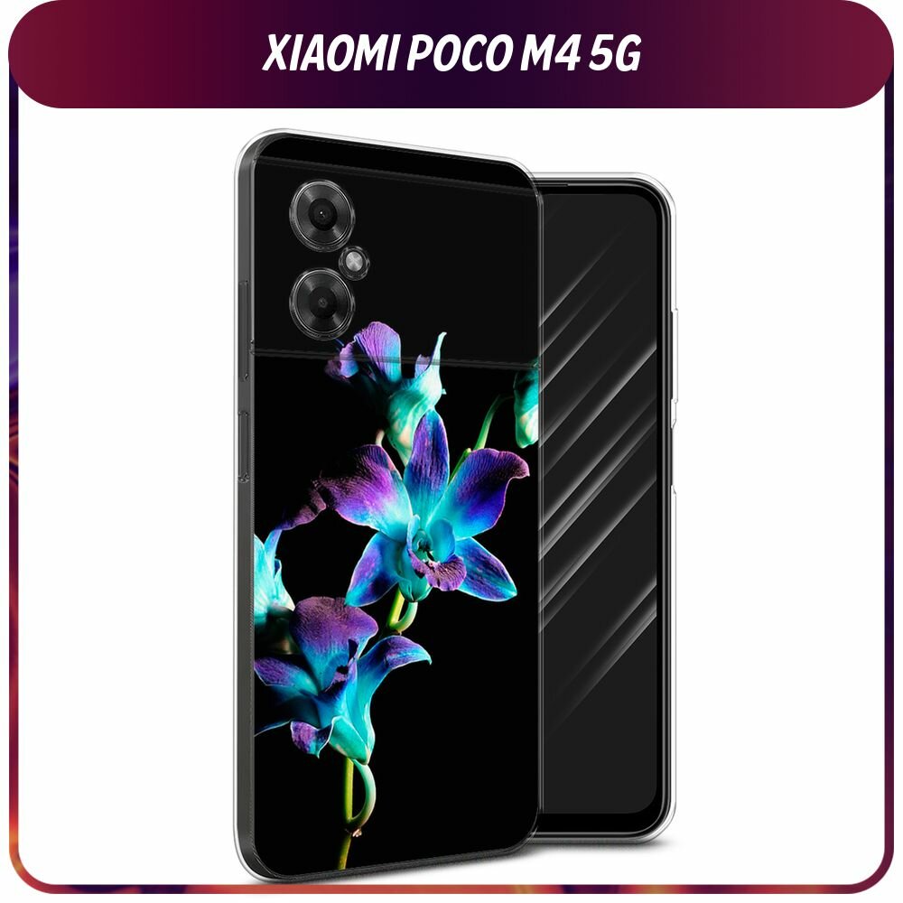 Чехол на Xiaomi Poco M4 5G / Сяоми Поко M4 5G с принтом "Синий цветок на черном"