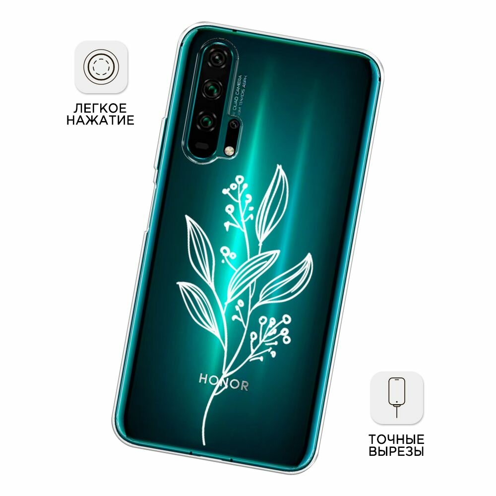 Чехол на Honor 20 Pro / Хонор 20 Про с принтом "Ветка с листочками и цветами", прозрачный — фото 1