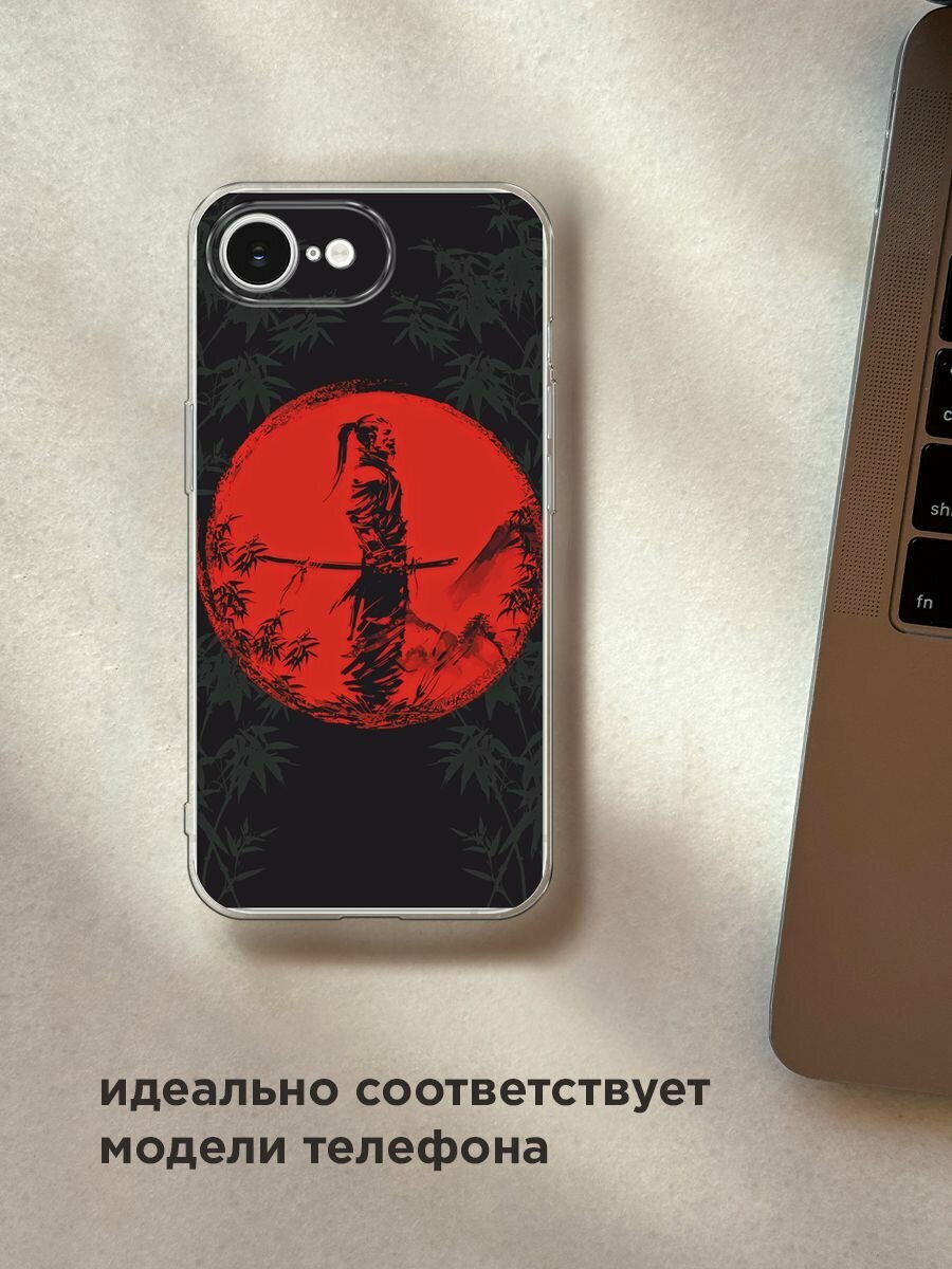 Чехол на Apple iPhone 16e/17e / Айфон 16е/17e с принтом "Самурай на красном фоне" — фото 1