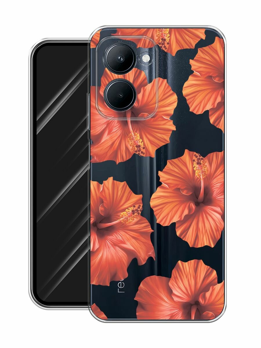 Чехол на Realme C33 / Реалми С33 с принтом "Рыжие гибискусы", прозрачный — фото 1