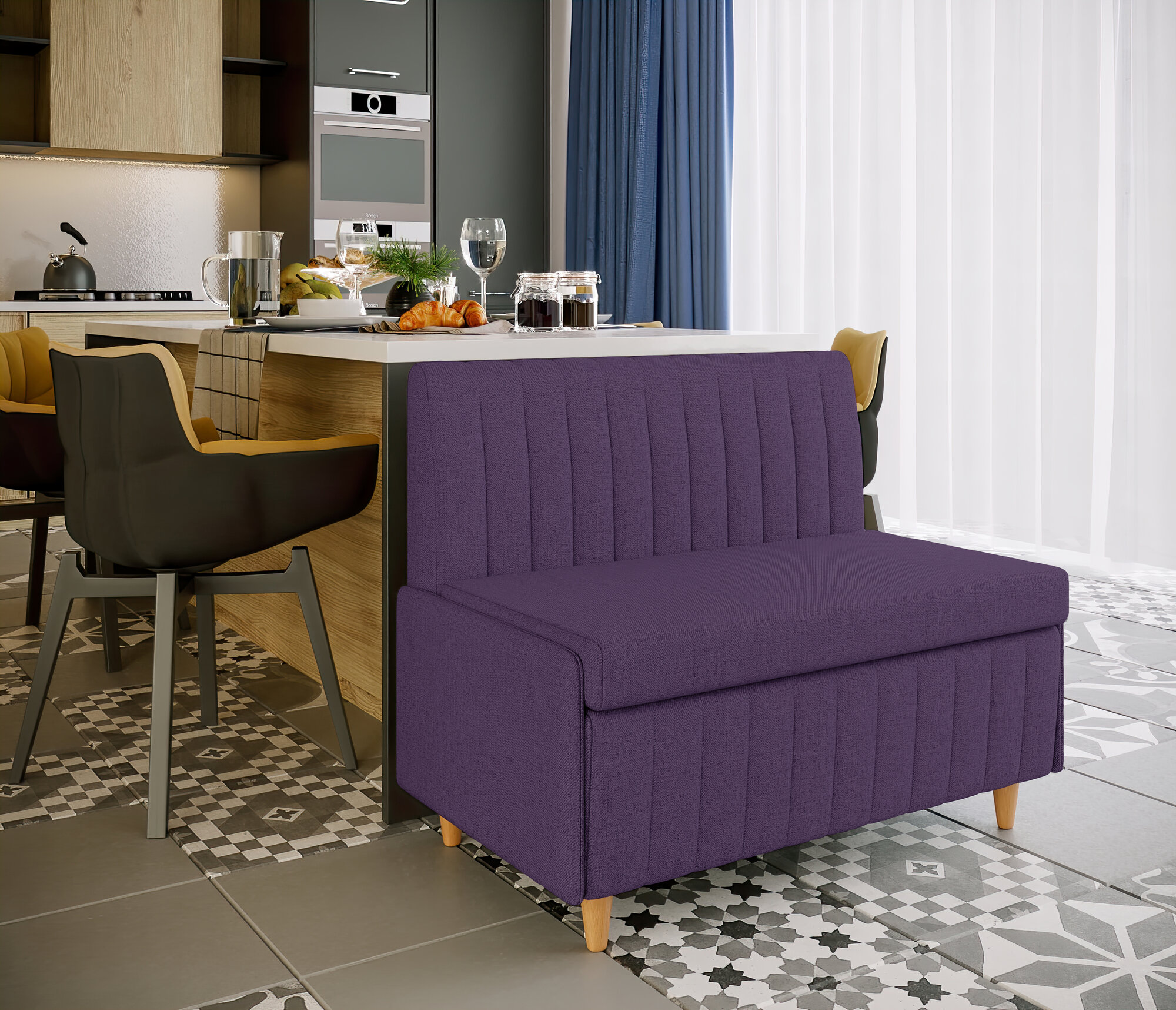 Прямой кухонный диван Мини, Саванна виолет, рогожка фиолетовая, ППУ, с ящиком