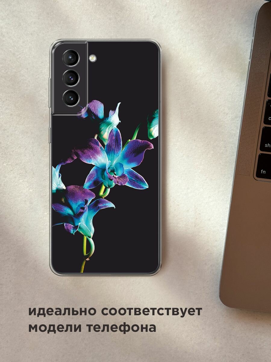 Чехол на Samsung Galaxy S21 / Самсунг Галакси S21 с принтом "Синий цветок на черном" — фото 1