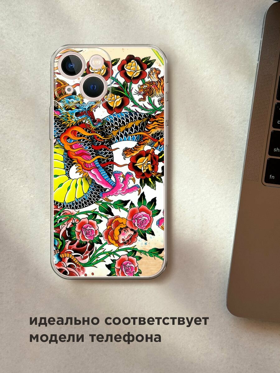 Чехол на Apple iPhone 13 mini / Айфон 13 мини с принтом "Дракон в цветах" — фото 1