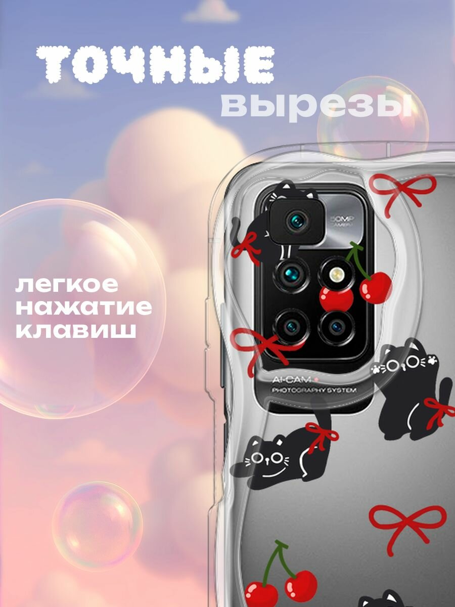 Чехол на Xiaomi Redmi 10 / Редми 10 с принтом "Котик, вишня и бантики" — фото 1
