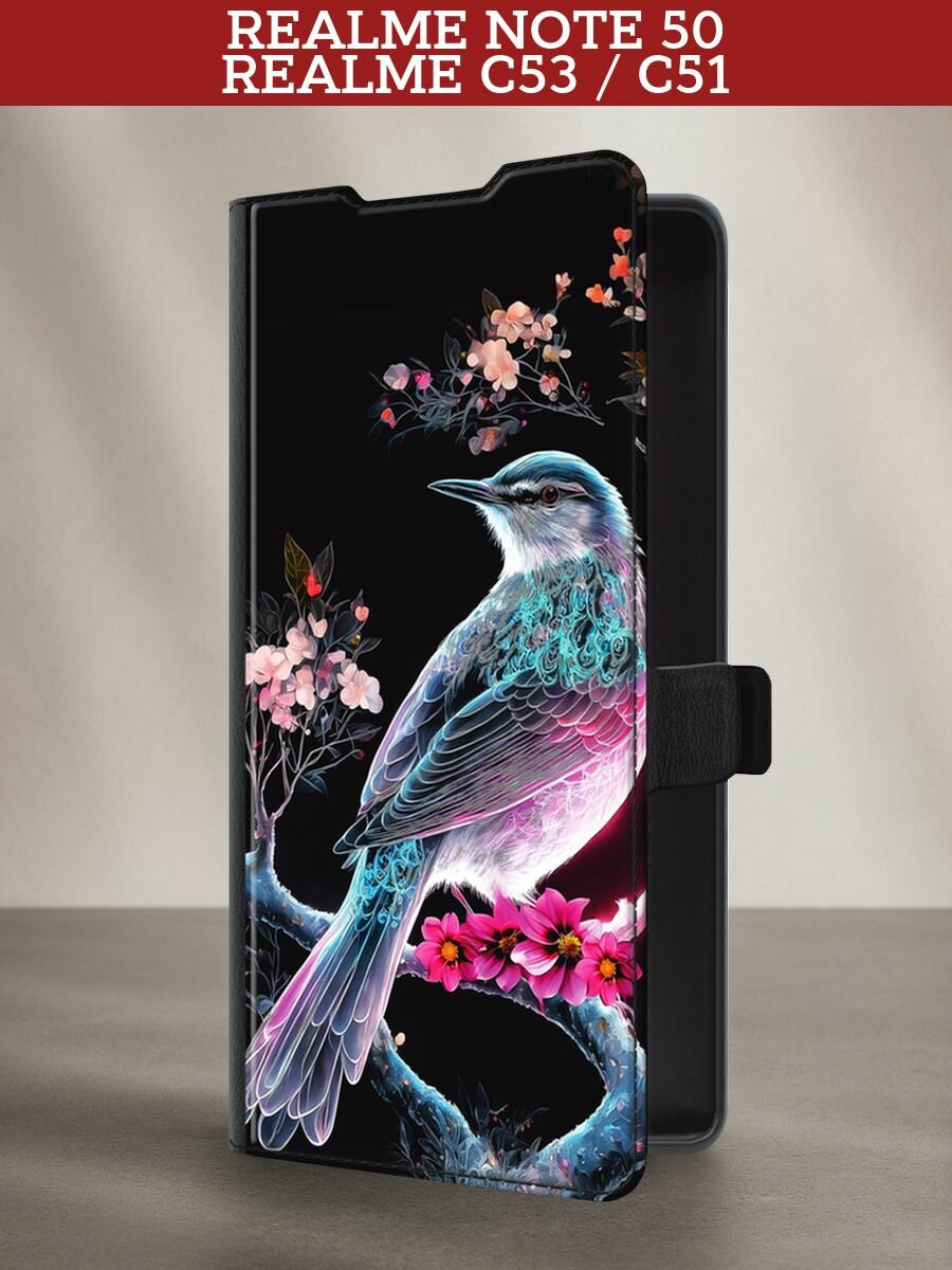 Чехол-книжка на Realme C53/C51/Note 50 / Реалми С53/С51/Ноте 50 с рисунком "Птица на цветущем дереве"