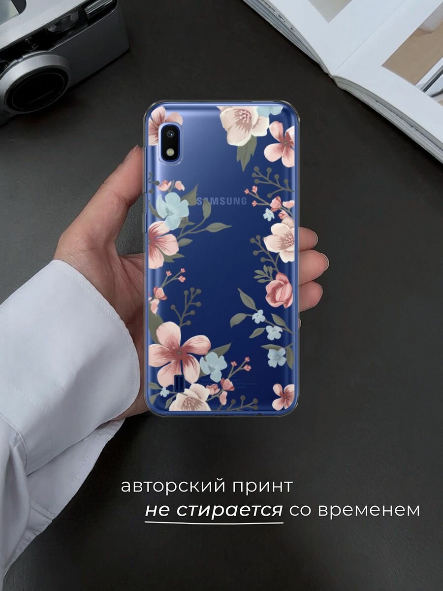 Чехол на Samsung Galaxy A10 / Самсунг Галакси А10 с принтом "Нежная рамка из цветов", прозрачный — фото 1