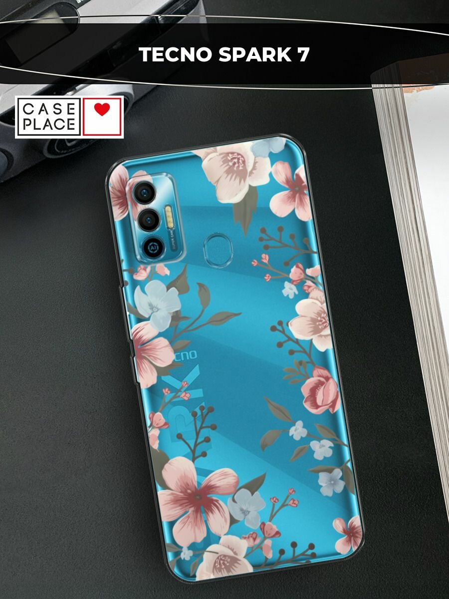 Чехол на Tecno Spark 7 / Техно Спарк 7 с принтом "Нежная рамка из цветов", прозрачный