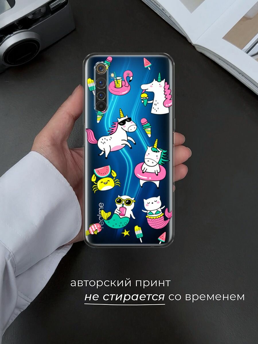 Чехол на Realme 6 Pro / Реалми 6 Про с принтом "Единороги в отпуске", прозрачный — фото 1