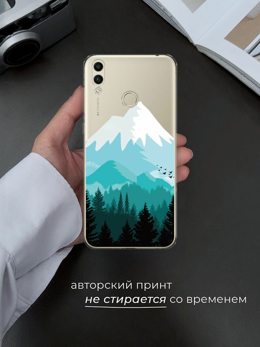 Чехол на Honor 8C / Хонор 8С с принтом "Синяя снежная гора", прозрачный — фото 1