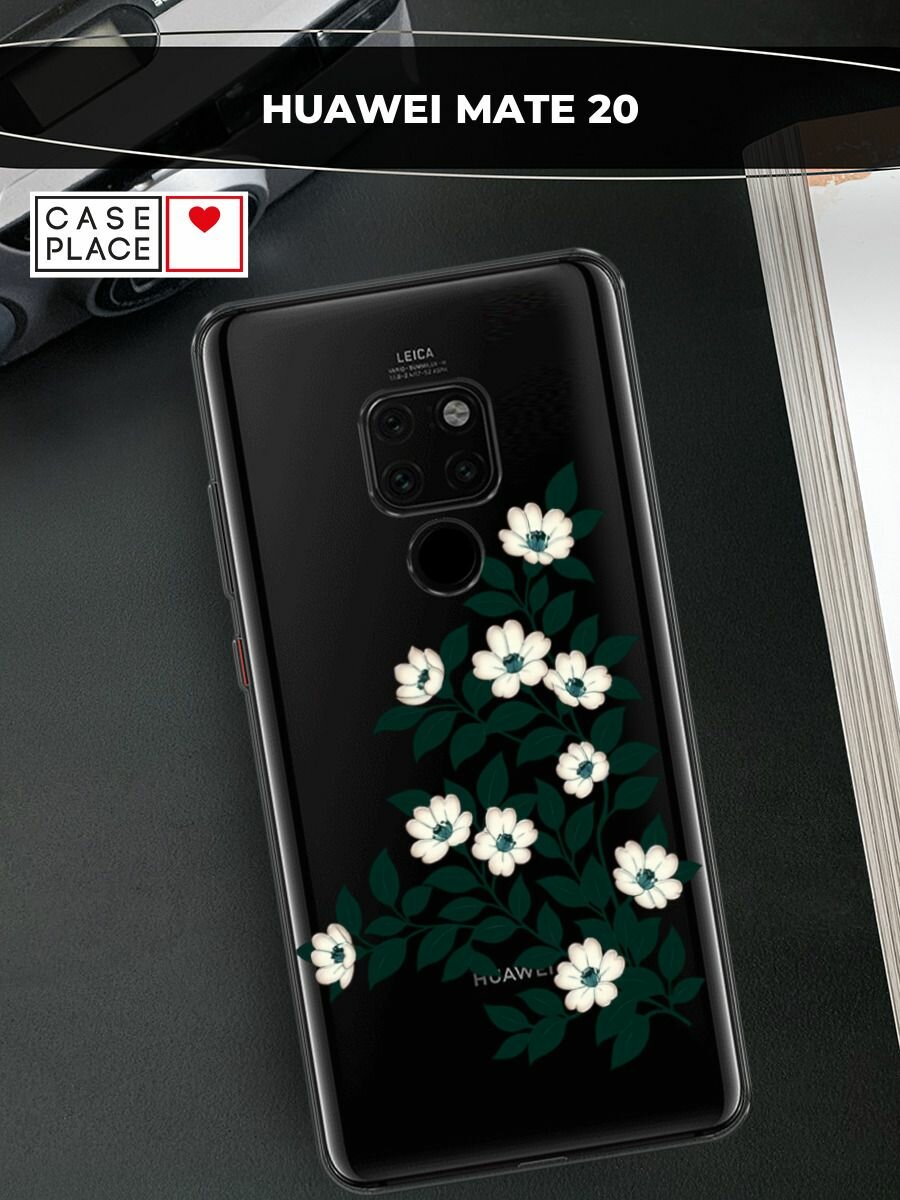 Чехол на Huawei Mate 20 / Хуавей Мате 20 с принтом "Цветы с черными листьями"