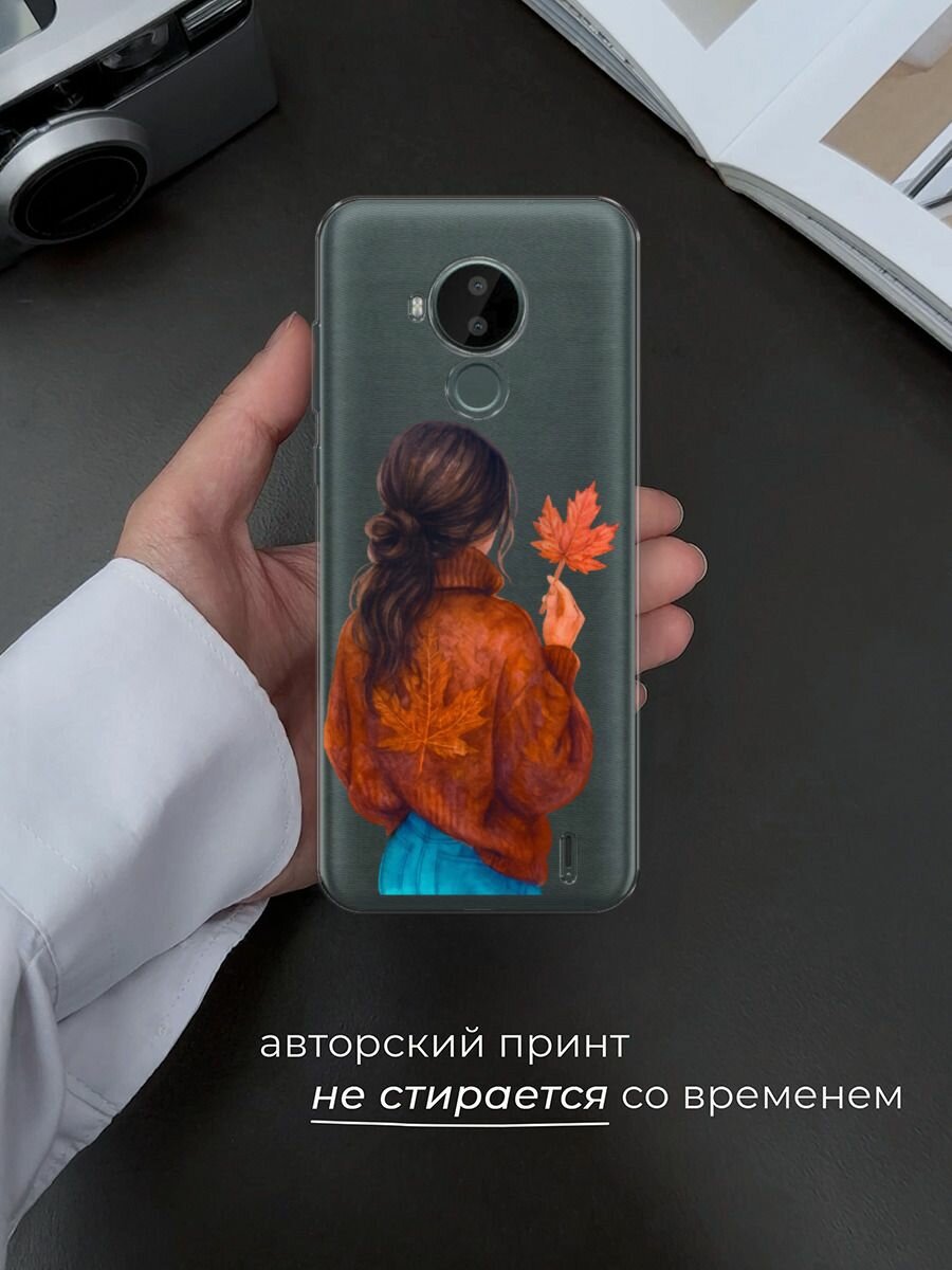 Чехол на Nokia C30 / Нокия C30 с принтом "Девушка с опавшим листом", прозрачный — фото 1