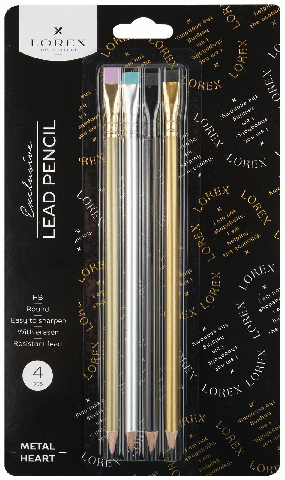 Набор чернографитных карандашей деревянные LOREX EXCLUSIVE METAL HEART 4 шт с плоским ластиком заточенные, круглые, блистер с европодвесом