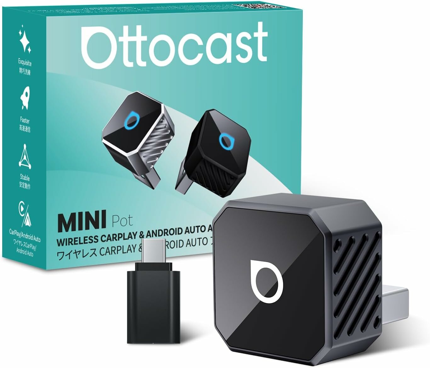 Беспроводной адаптер Ottocast Mini Cube 3.0 для CarPlay и Android Auto — стиль C, USB-штекер 90°, черный для машины