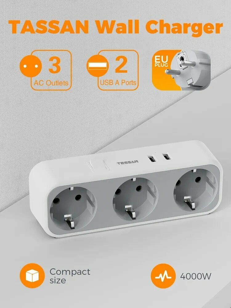 Тройник для розетки TESSAN с 3 портами переменного тока и 2 портами USB-A, блок питания 5 в 1, с выключателем, подходит для домашнего офиса, серая