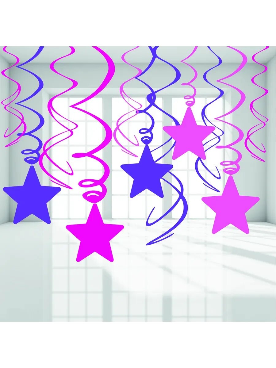 Спираль Декор Звезды, Розовые, Ярко-розовые, Фиолетовые, 12 шт / 6 спиралей со звездами + 6 без звезд
