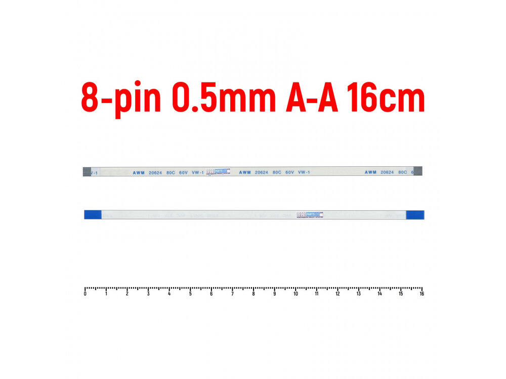 Шлейф FFC 8-pin Шаг 0.5mm Длина 16cm Прямой A-A AWM 20624 80C 60V VW-1