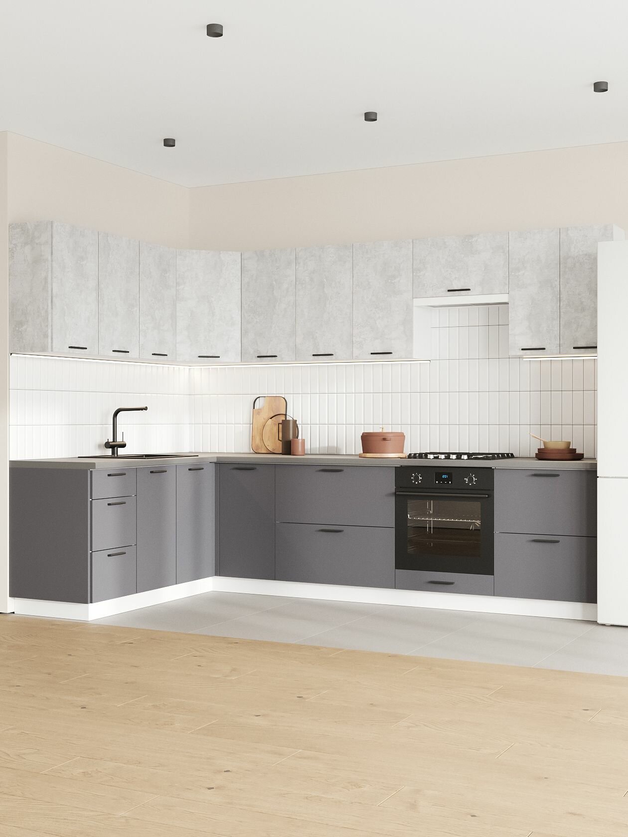 Кухонный гарнитур угловой Урбан 3х1.8 м, мебель для дома и кухни, Белый / Цемент светлый / Графит серый
