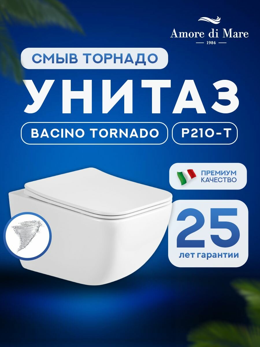 Унитаз подвесной безободковый Amore di Mare Bacino Tornado P210-T, антивсплеск, фарфоровый, быстросъемное сиденье дюропласт с крышкой микролифт, чаша с антибактериальным покрытием