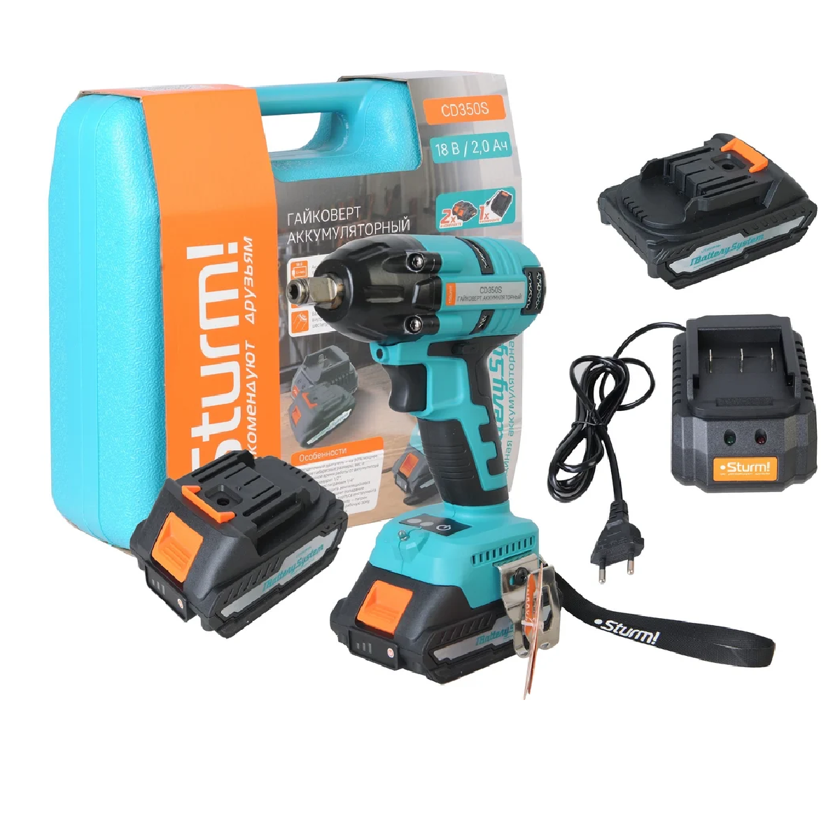Гайковерт аккумуляторный Sturm! CD350S, ударный, 320 Нм, 18 В, черный/голубой