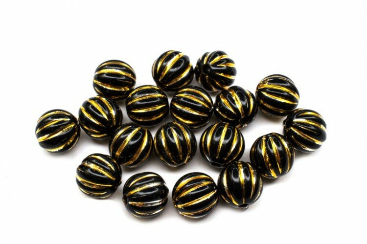 Бусины акриловые круглые граненые 10мм, отверстие 2мм, цвет черный/золото, 540-330, 10г (около 17шт)