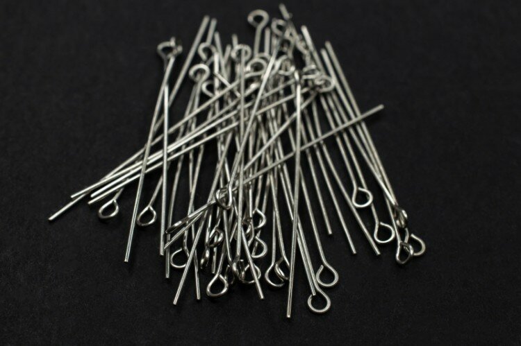 Штифты для бижутерии с петелькой 45х0,7мм, отверстие 2мм, цвет стальной, хирургическая сталь, 30-059, 10г (около 65шт)