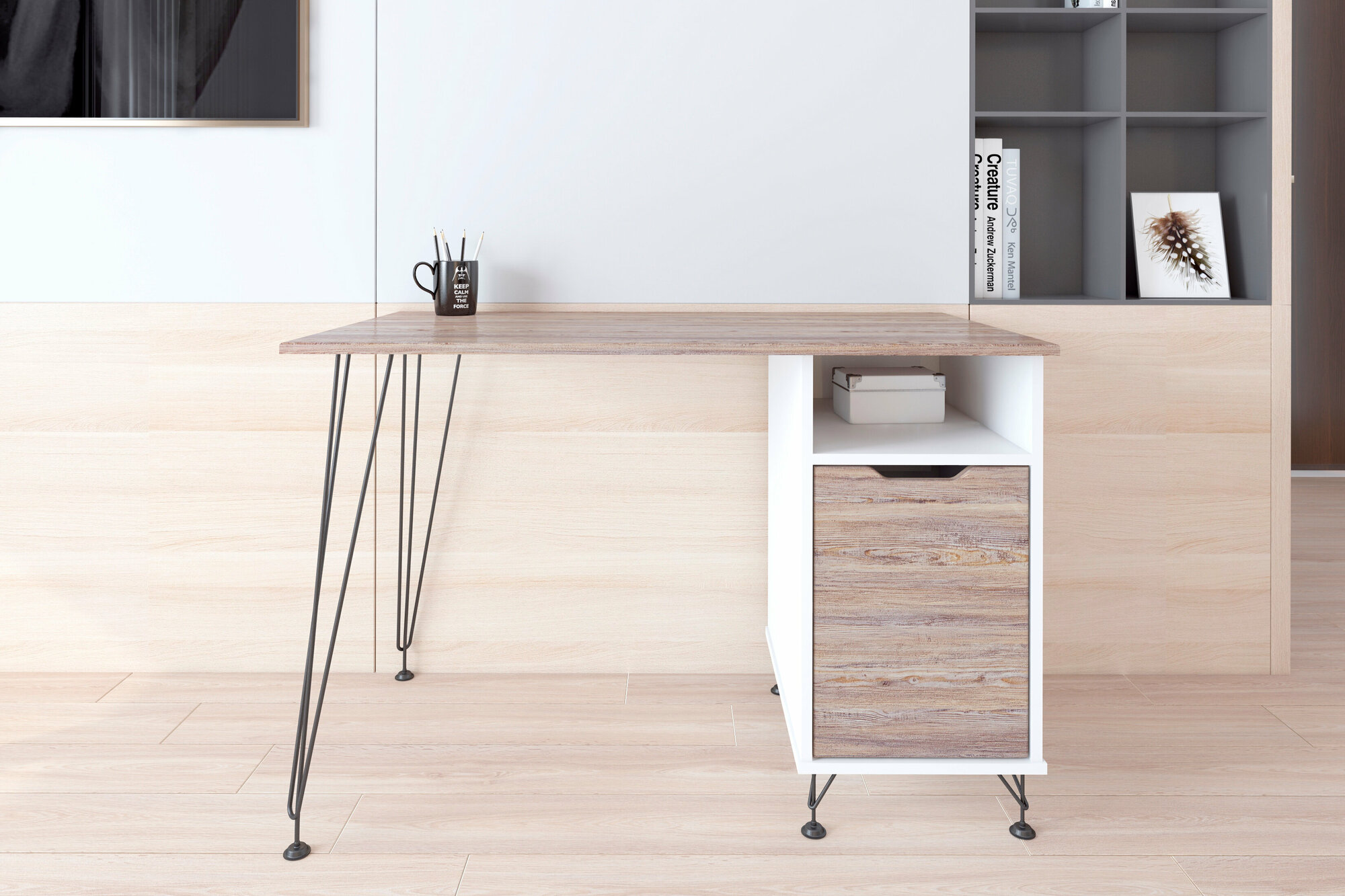 Стол письменный с тумбой и полкой белый - сосная скания темная