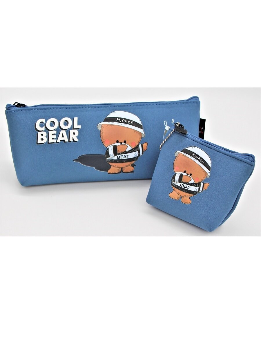 Пенал "Крутой мишка" с монетницей, косметичка, текстиль, на молнии (Синий)